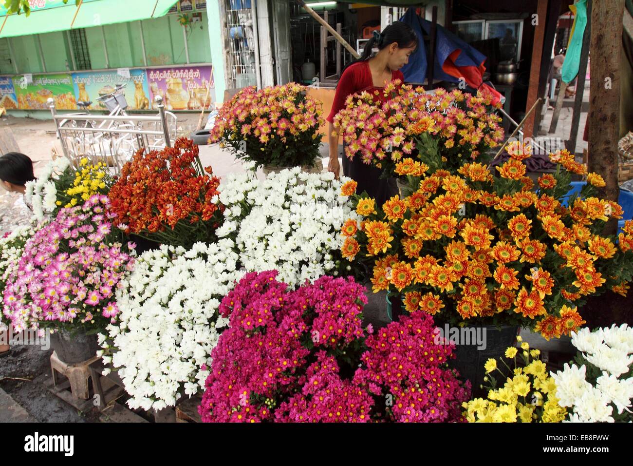 Flower seller at local market, Yangon Rangoon, Myanmar, Burma, Asia ...