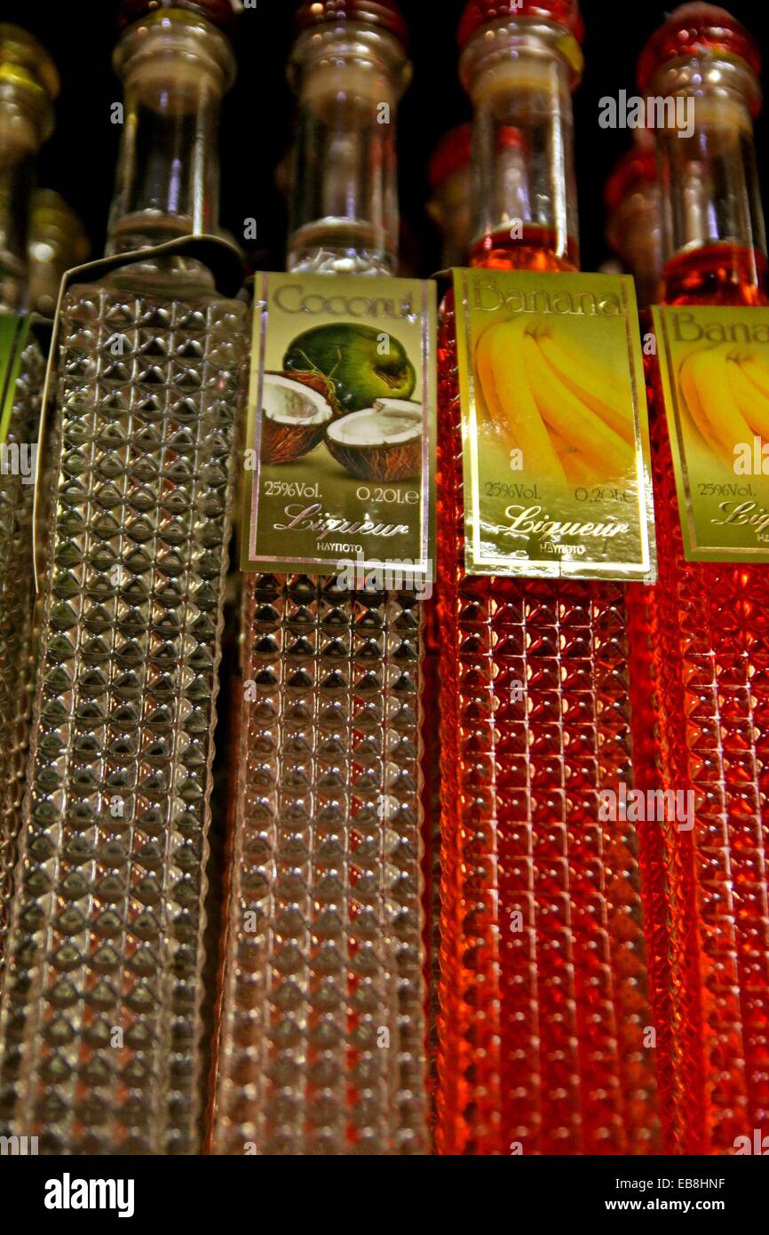 bottles of fruit liqueurs, Chania, Crete, Greece Stock Photo - Alamy