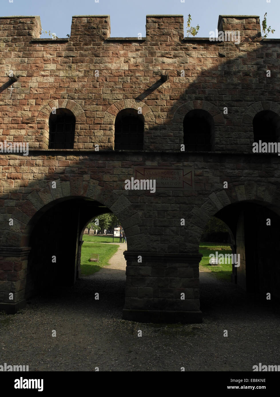 Blue sky portrait red sandstone reconstructed Roman Fort Gatehouse ...
