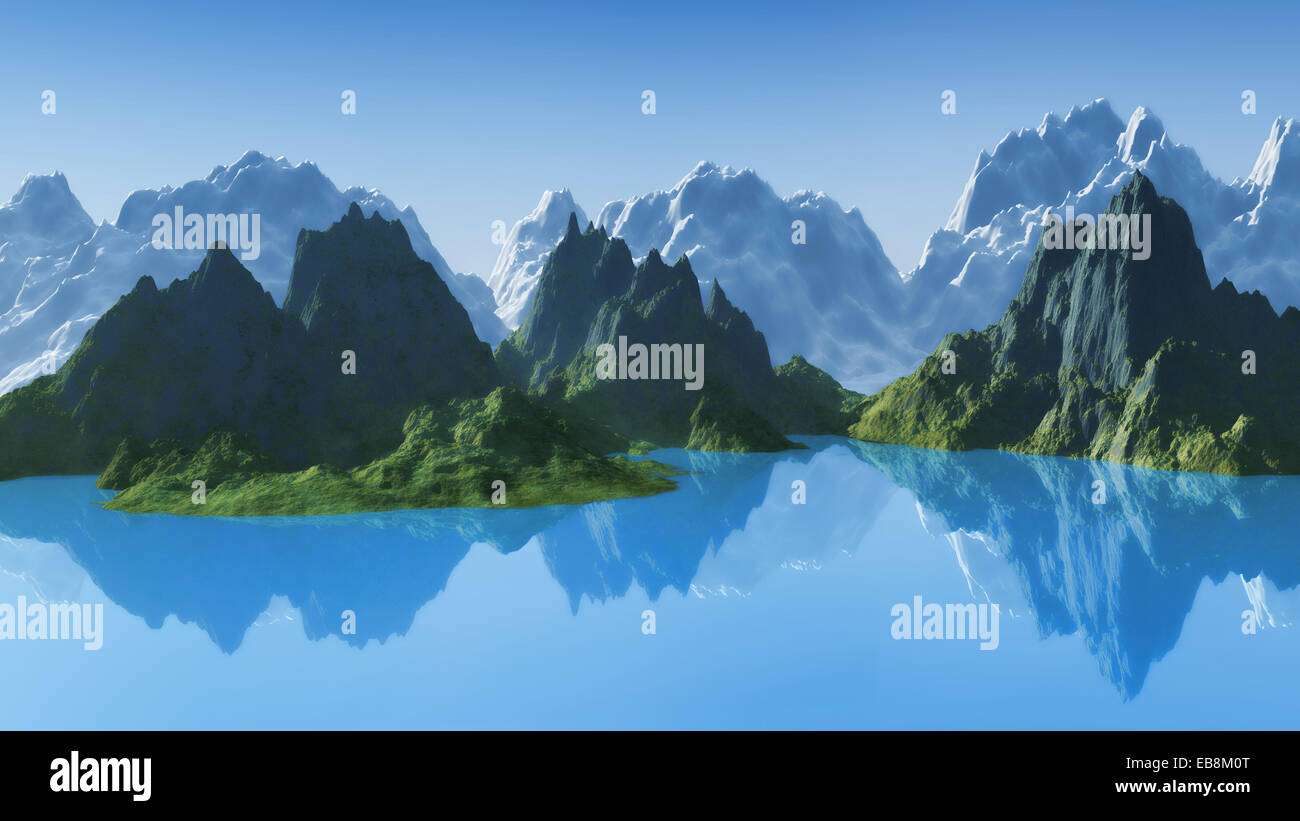 3D render of a mountain landscape and lake Stock Photo - Alamy