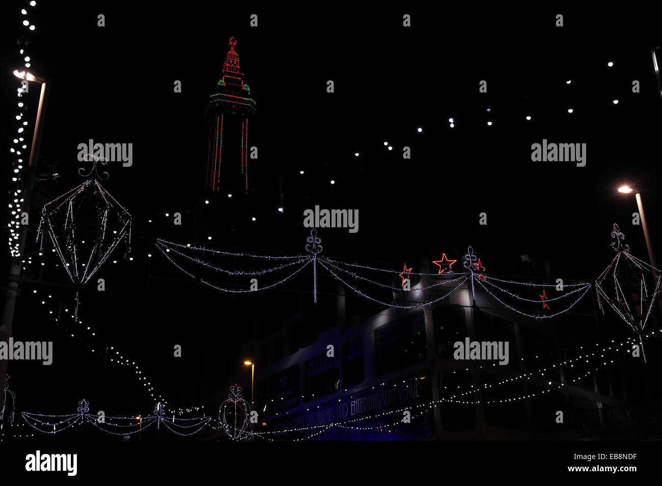 Night view blue Bling diamonds and lights crossing Central Promenade to ...