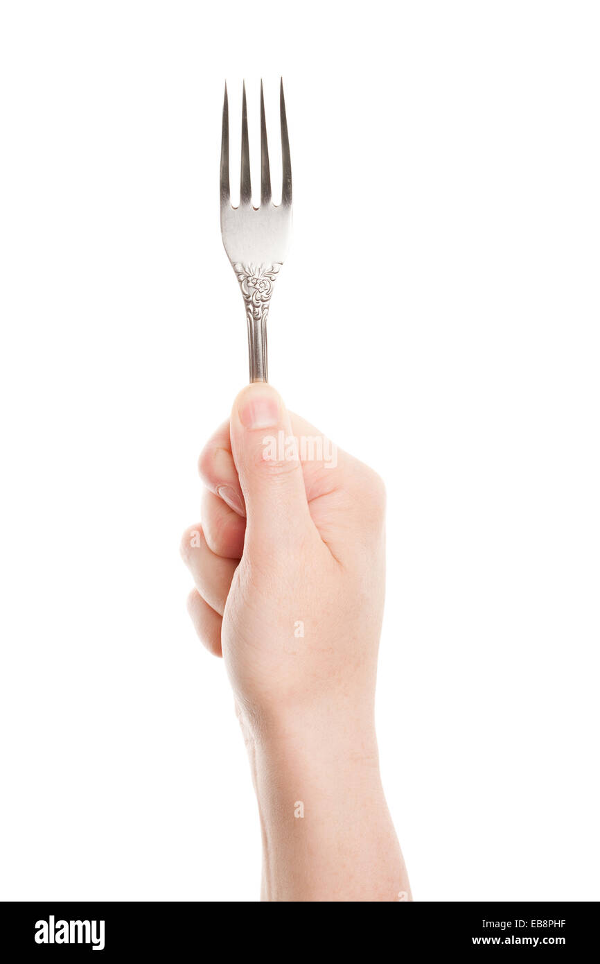 Fork in hand isolated on white background Stock Photo - Alamy