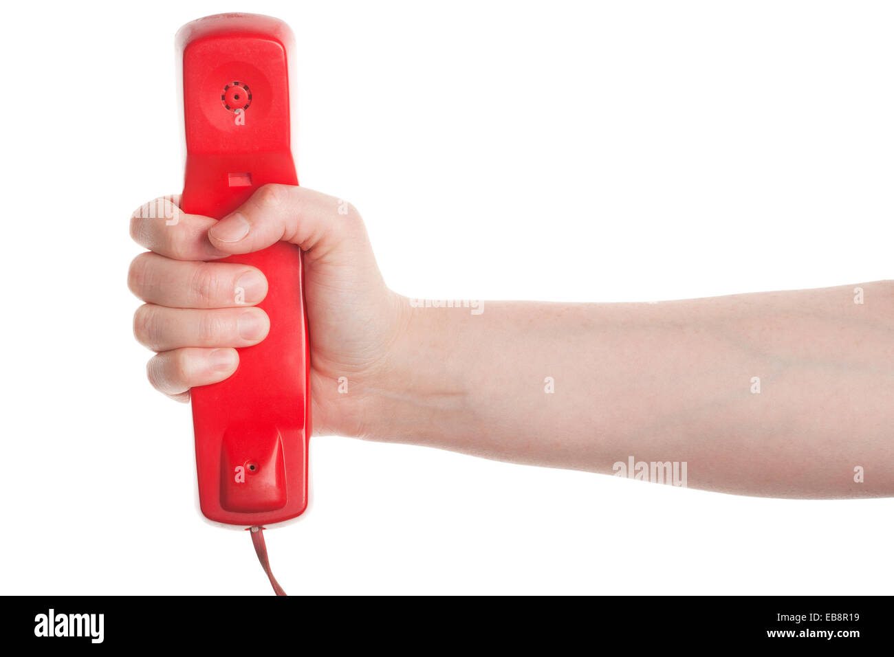 Red telephone receiver in hand isolated on white background Stock Photo ...
