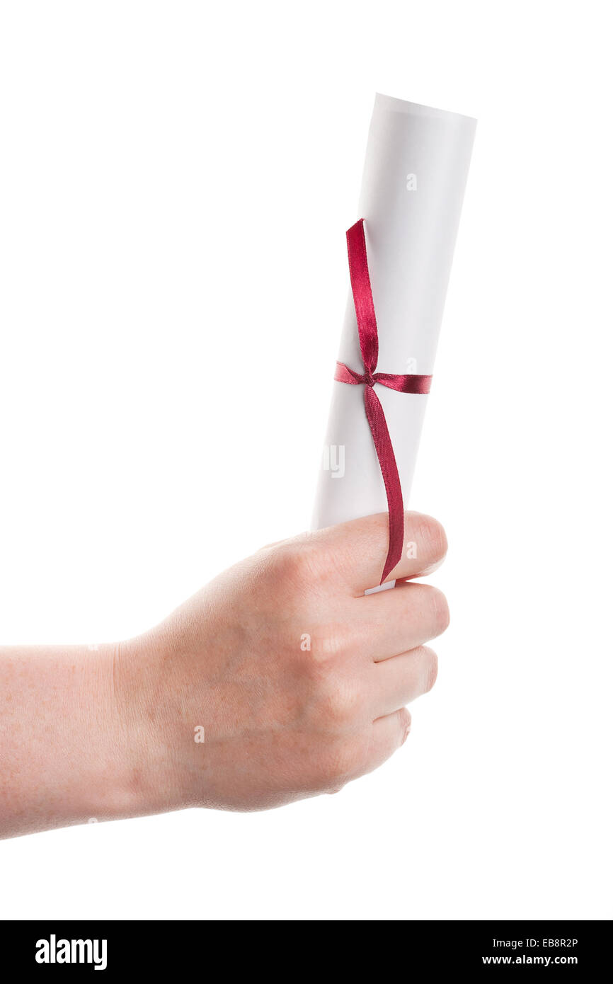 Graduation diploma in hand isolated on white Stock Photo - Alamy