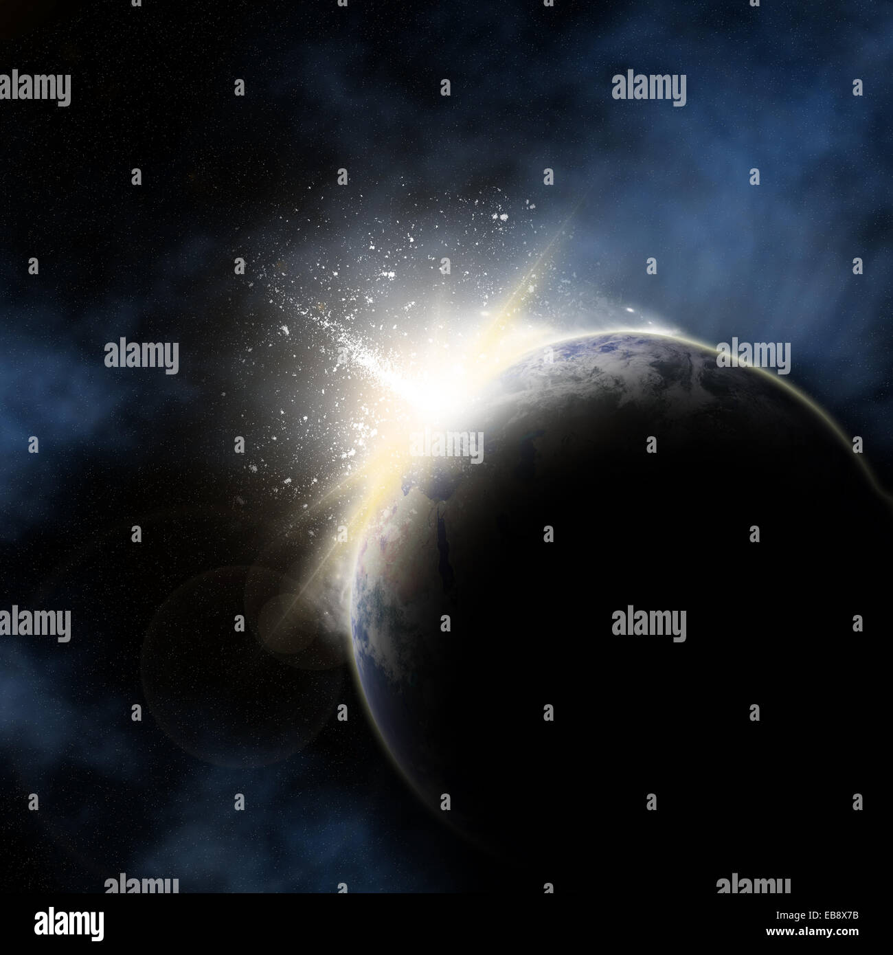 3D space background with sun rising behind planet Earth Stock Photo - Alamy