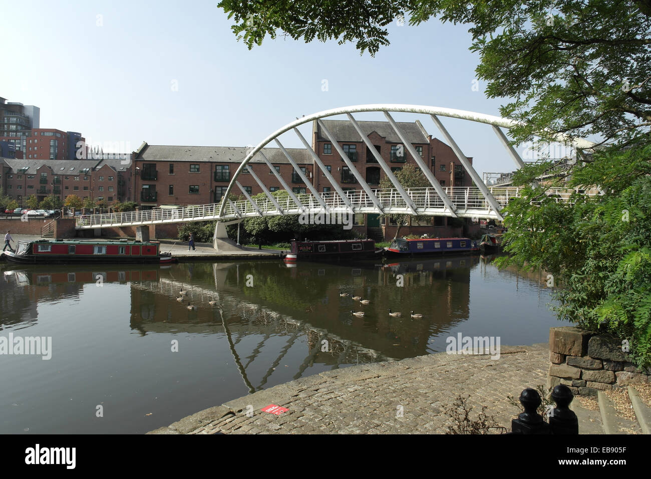 Blue sky view, from Rochdale Canal, Merchants Footbridge crossing ...