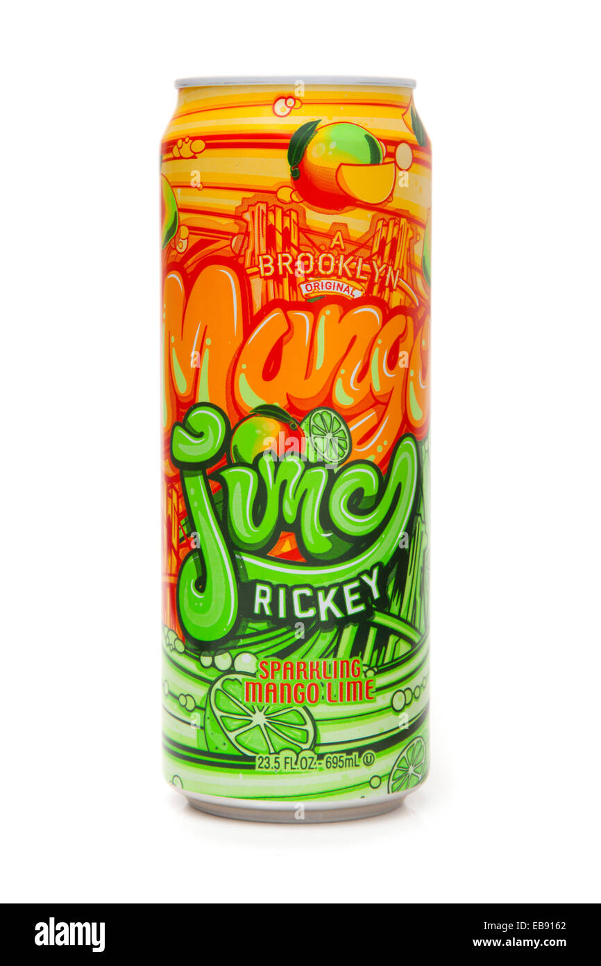 Arizona Mango Lime Rickey 23oz (695ml) fizzy canned drink isolated on a ...