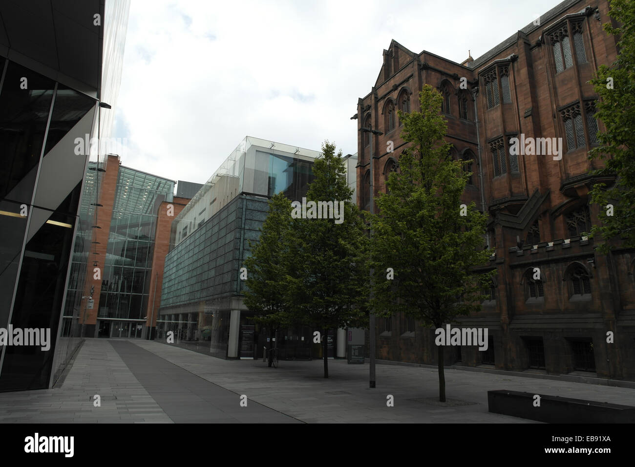 View from Deansgate walkway between modern 1 The Avenue and neo-Gothic ...