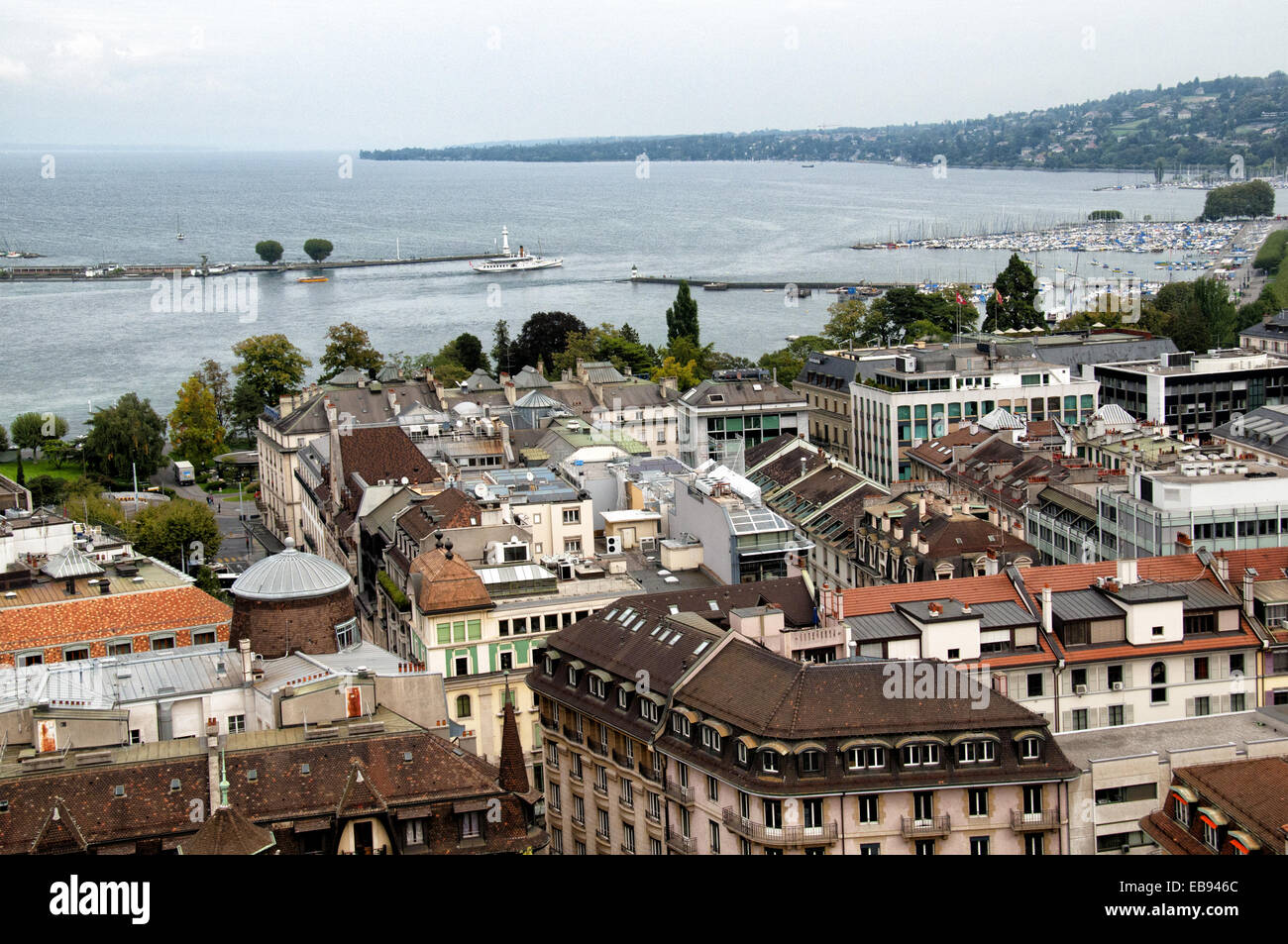 Panorama of Geneva old town and Geneva Lake, Switzerland Stock Photo ...