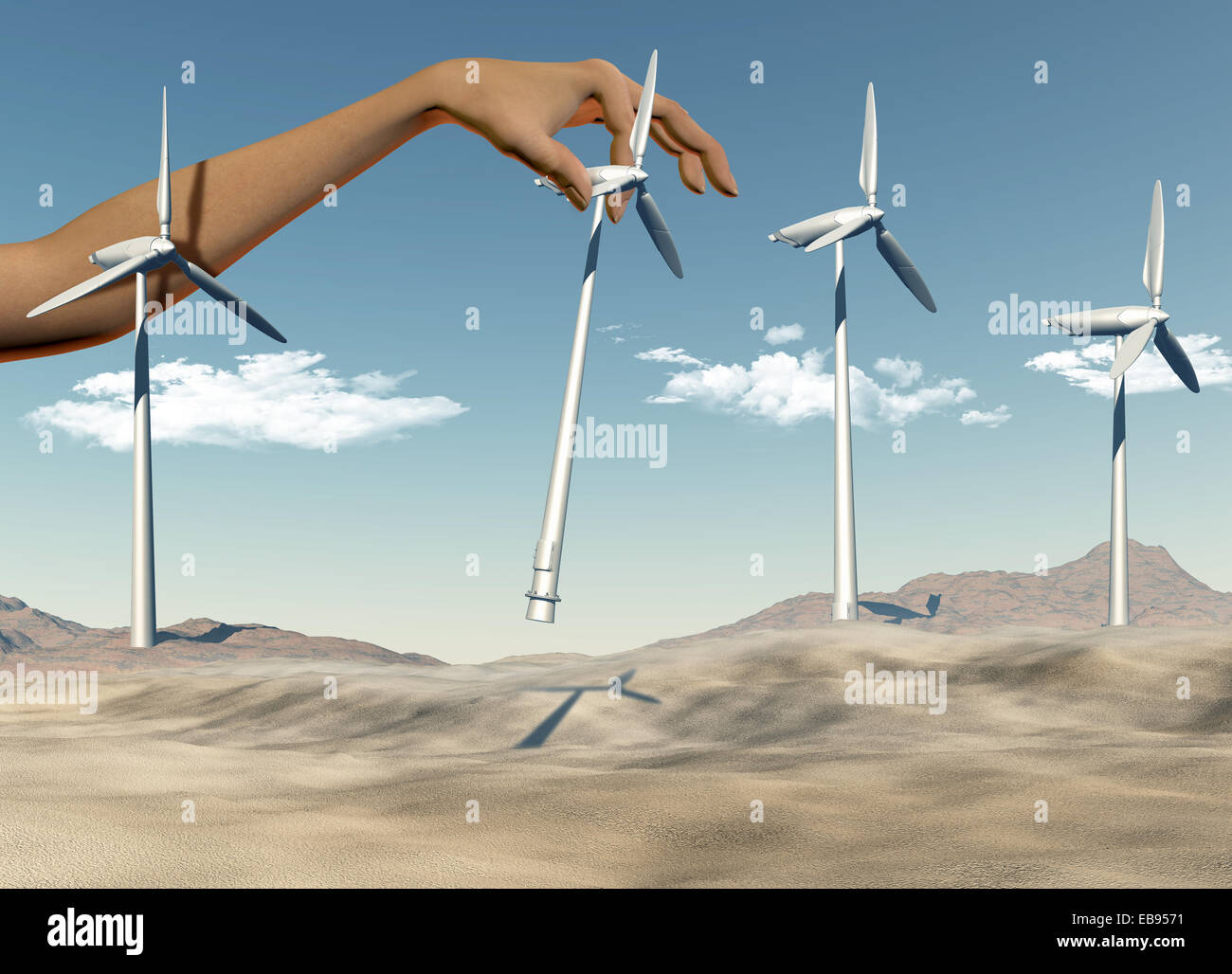 3D render of a female hand placing wind turbines in a desert Stock ...
