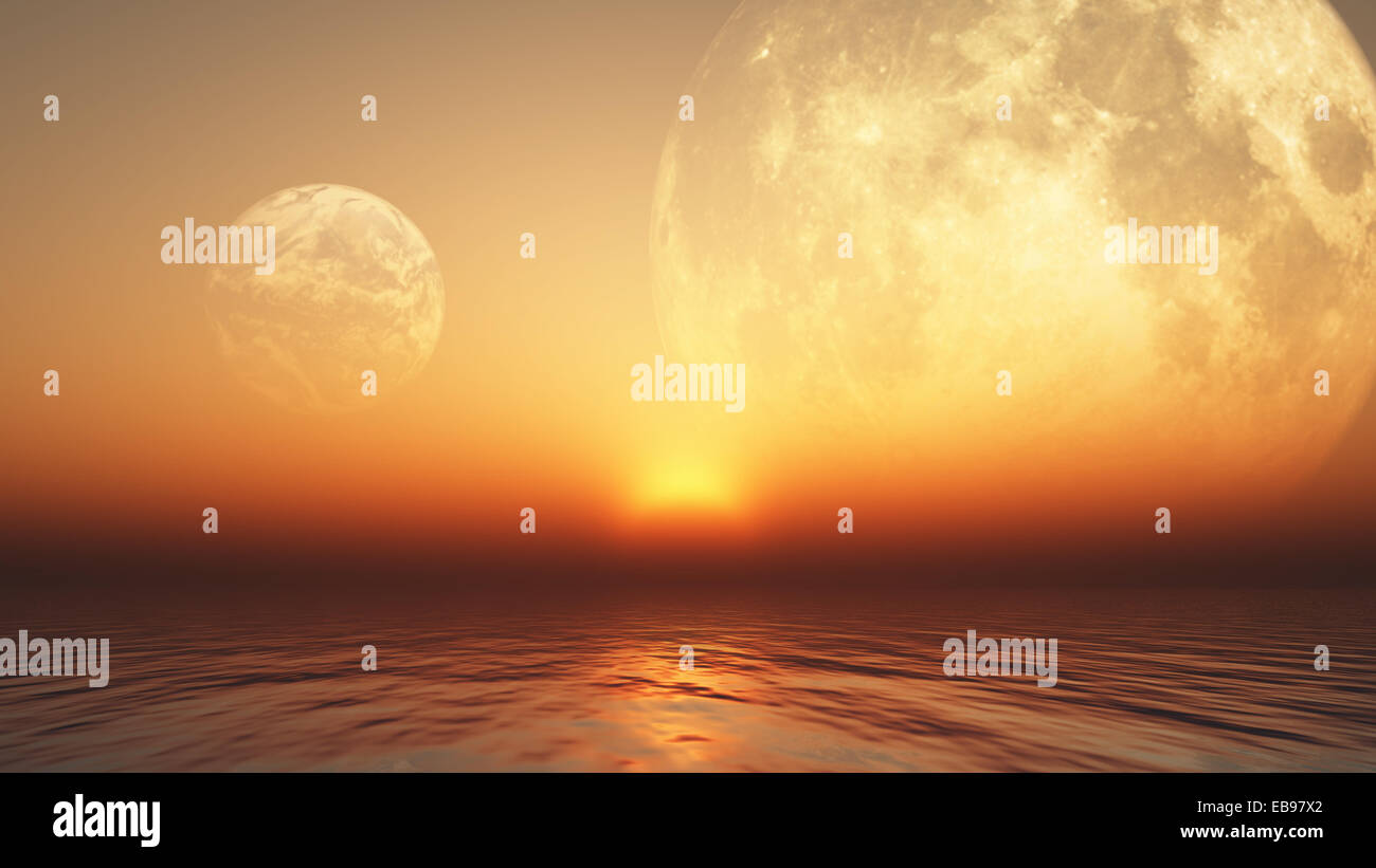 3D background with fictional planets over the ocean Stock Photo - Alamy