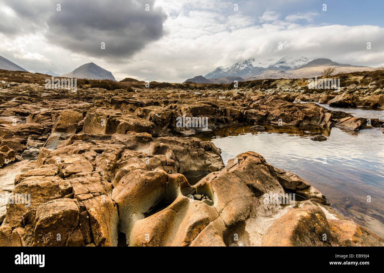A low shot out towards the Cuillin Mountains from Sligachan, Skye Stock ...