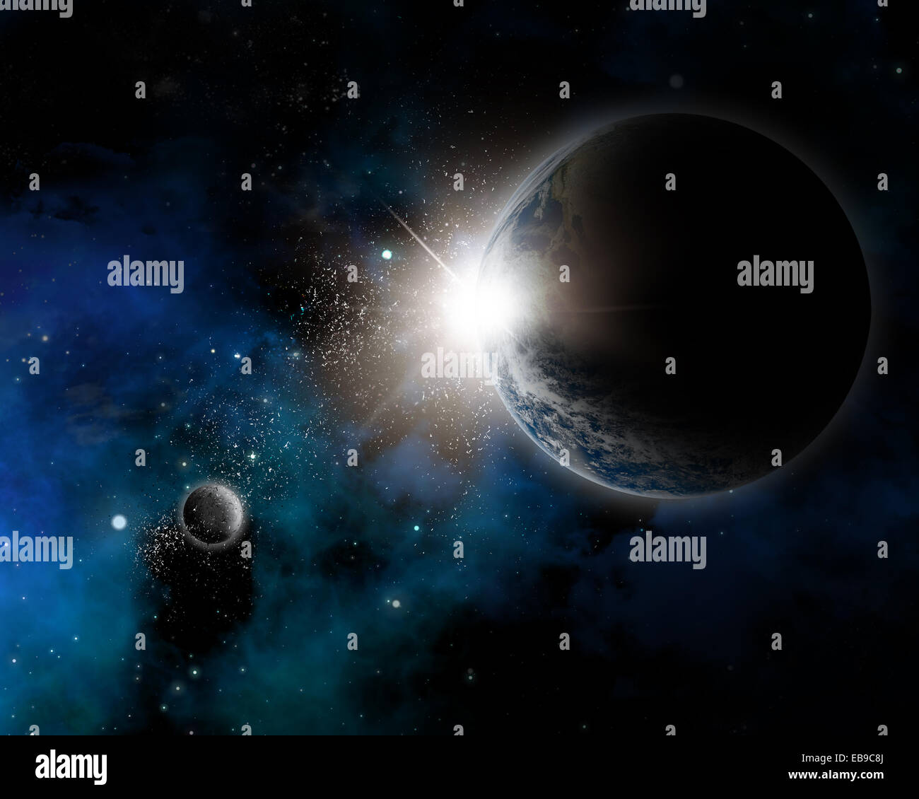 Space themed background with Earth, nebula and stars Stock Photo - Alamy