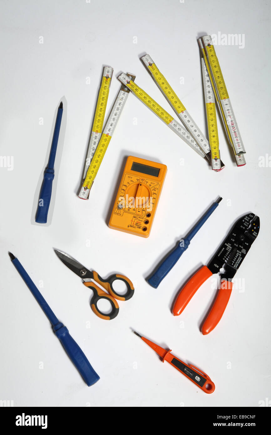 tools for electrician on white background Stock Photo - Alamy