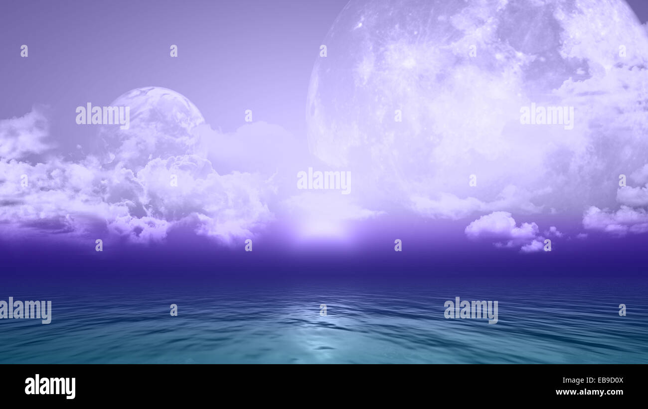 3D background with fictional planets over the ocean Stock Photo - Alamy