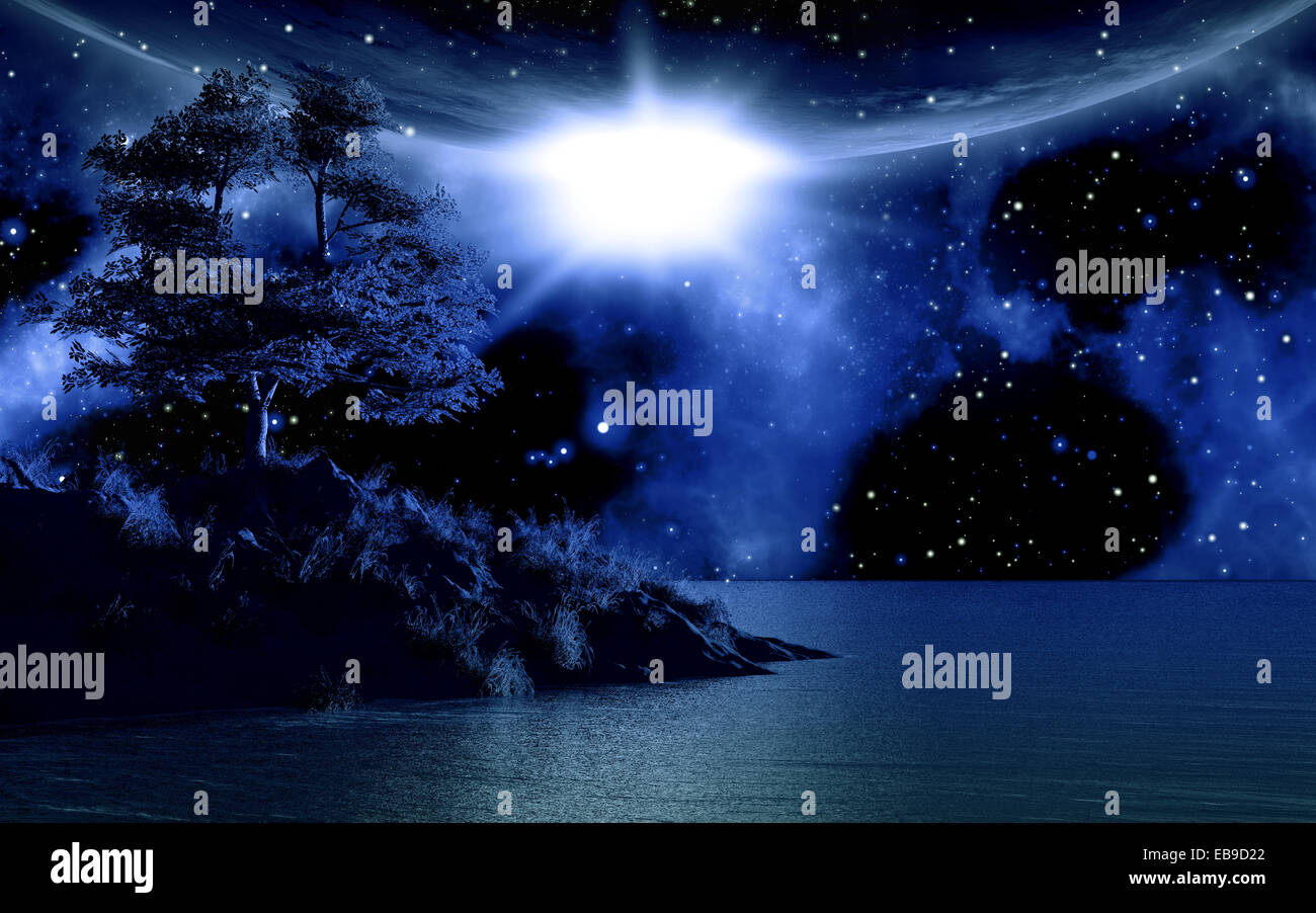 3D background with island in sea against a moonlit sky Stock Photo - Alamy