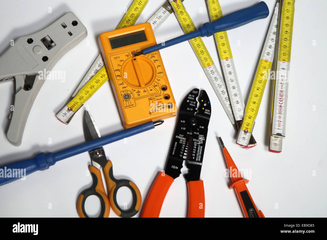 tools for electricians on white background Stock Photo - Alamy