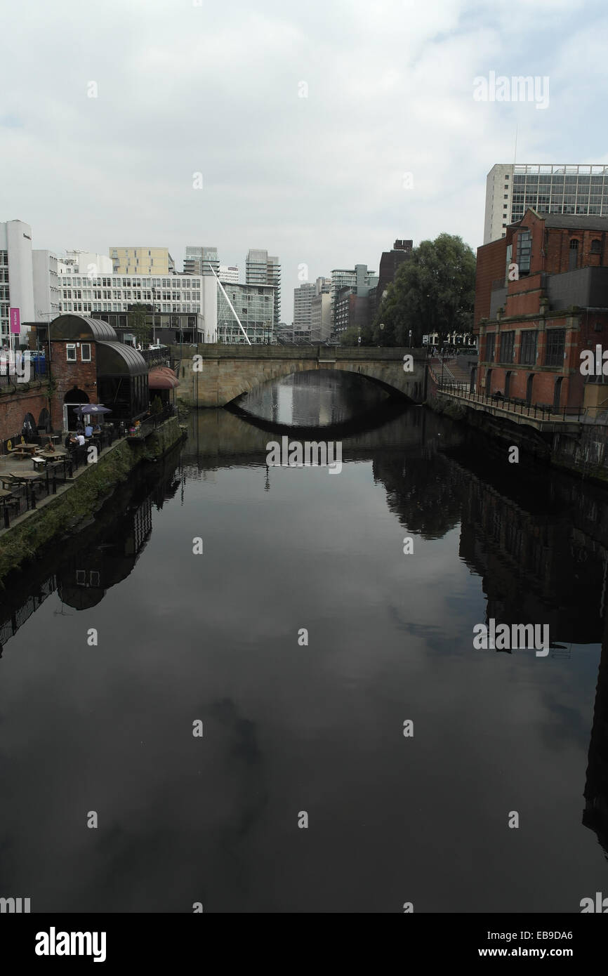 Portrait clouds reflecting in River Irwell from footbridge near Mark ...