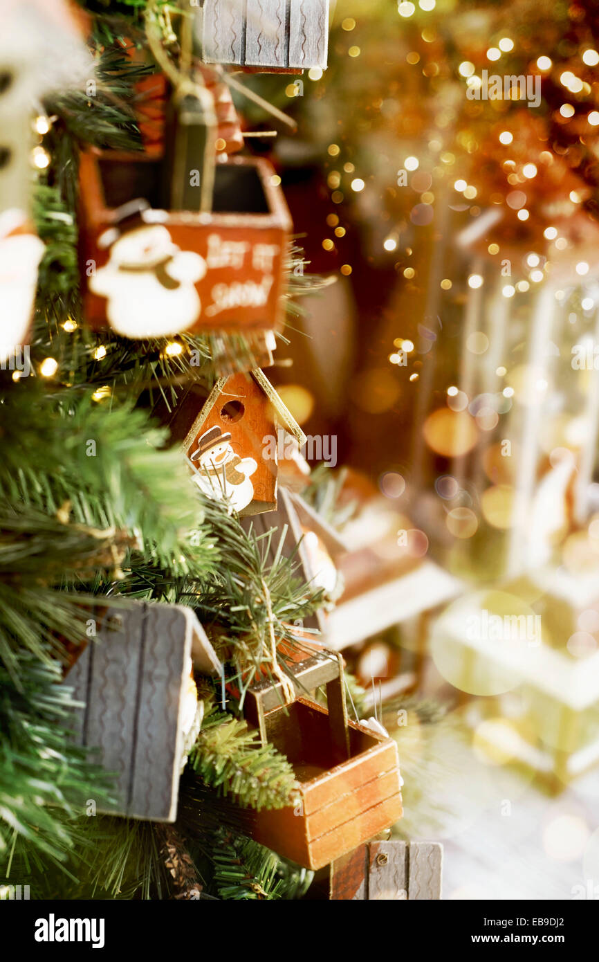 Christmas scene with tree wooden ornaments and lights background Stock ...