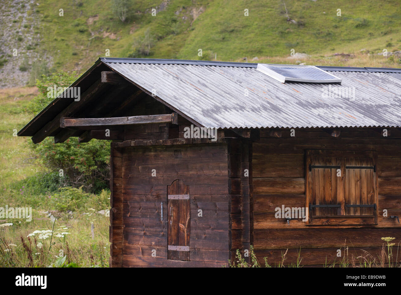 Solar panels on mountain huts at Chalet de Miage above Les Contamines ...