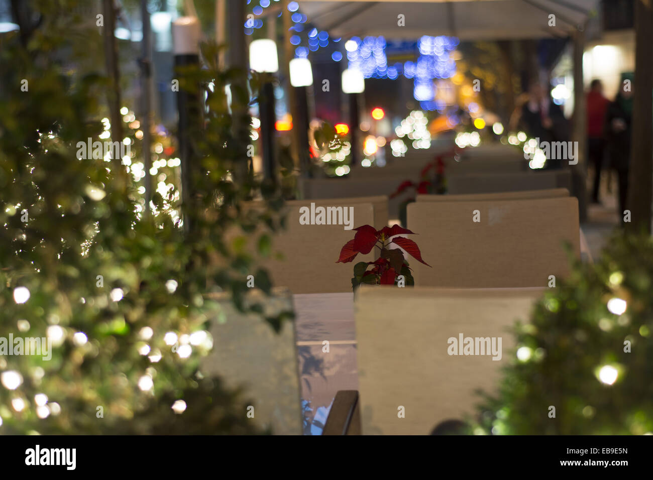 tables and Christmas lights on outdoor terrace Stock Photo - Alamy