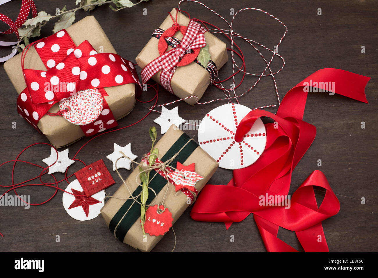Christmas gifts, retro decoration, stars and red checkered ribbon ...