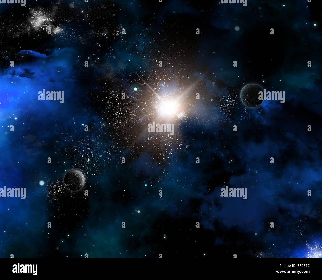 Space themed background with fictional planets, nebula and stars Stock ...