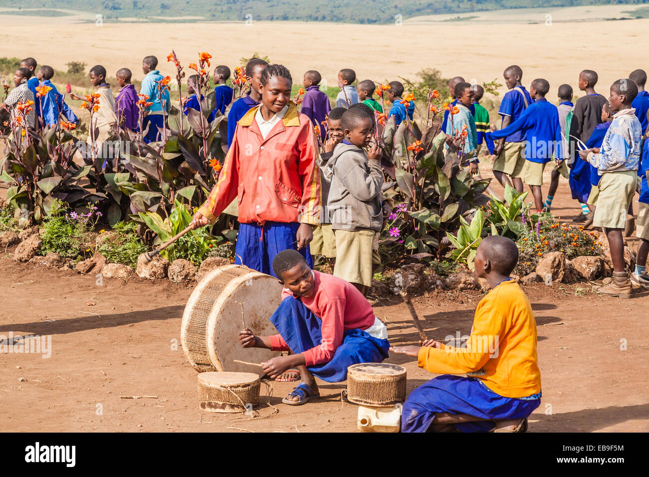 Traditional African drums lie on the ground after being played by ...