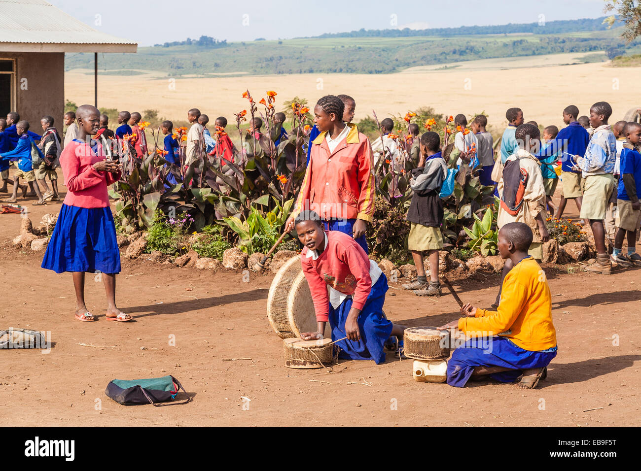 Traditional African drums lie on the ground after being played by ...