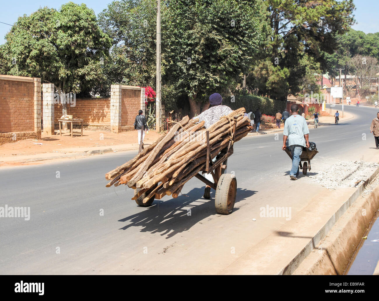 A local African man hauling a cart of wooden poles in a street in ...