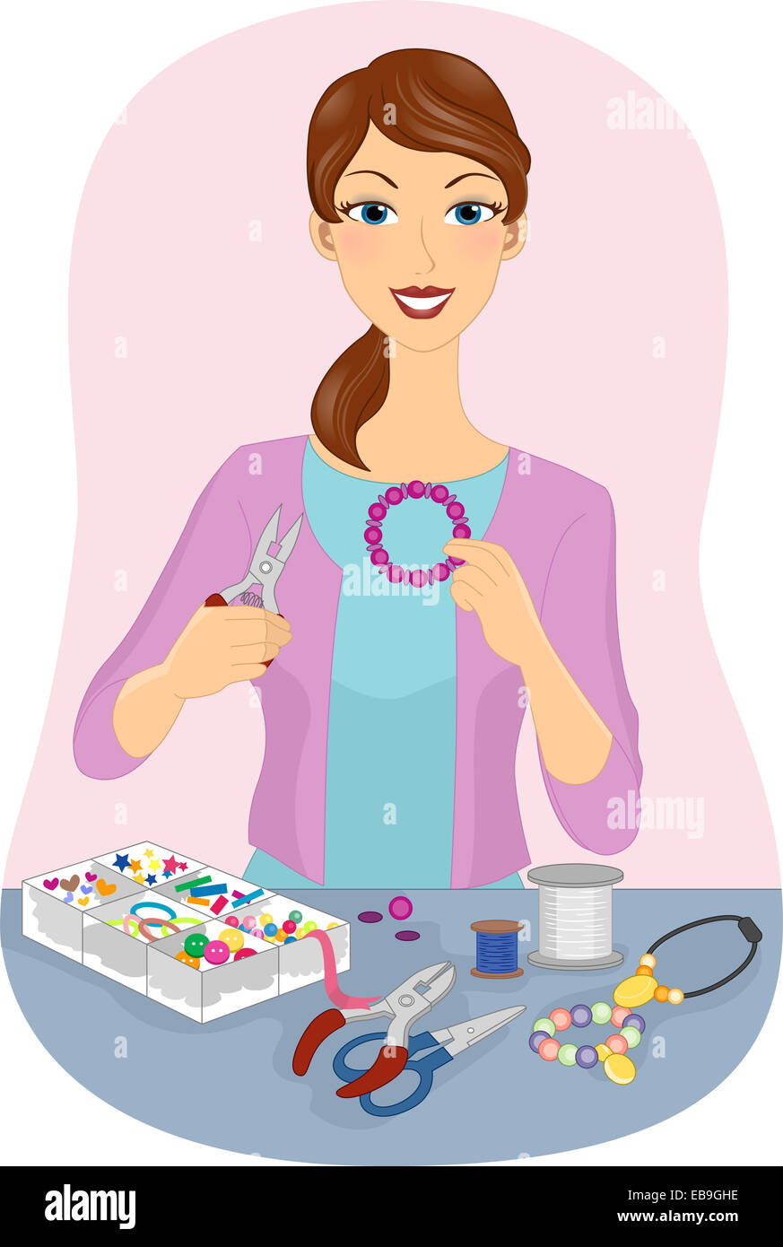 Illustration Featuring a Girl Making Homemade Jewelry Stock Photo - Alamy