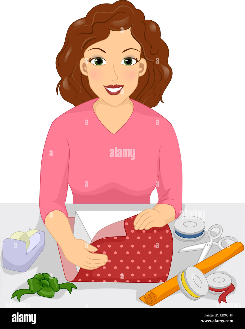 Illustration Featuring a Woman Wrapping a Gift Stock Photo - Alamy