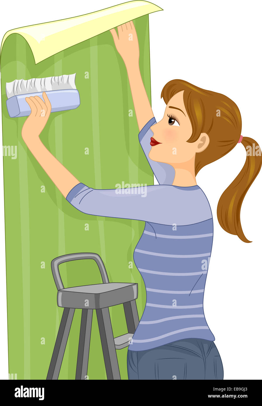 Illustration Featuring a Woman Installing Wallpaper on Her Wall Stock ...