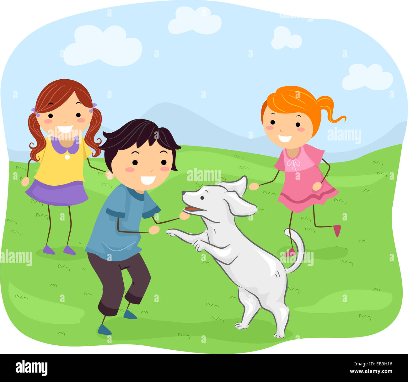 Illustration Featuring Kids Playing with Their Dog Stock Photo - Alamy