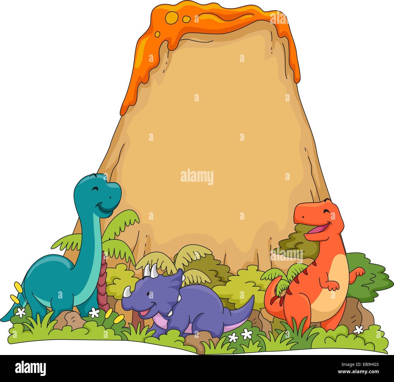 Illustration Featuring Dinosaurs Playing Near a Volcano Stock Photo - Alamy