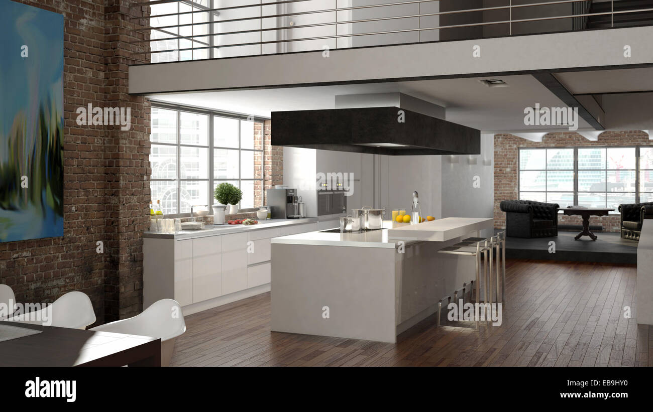 Modern loft with a kitchen. 3d rendering Stock Photo - Alamy