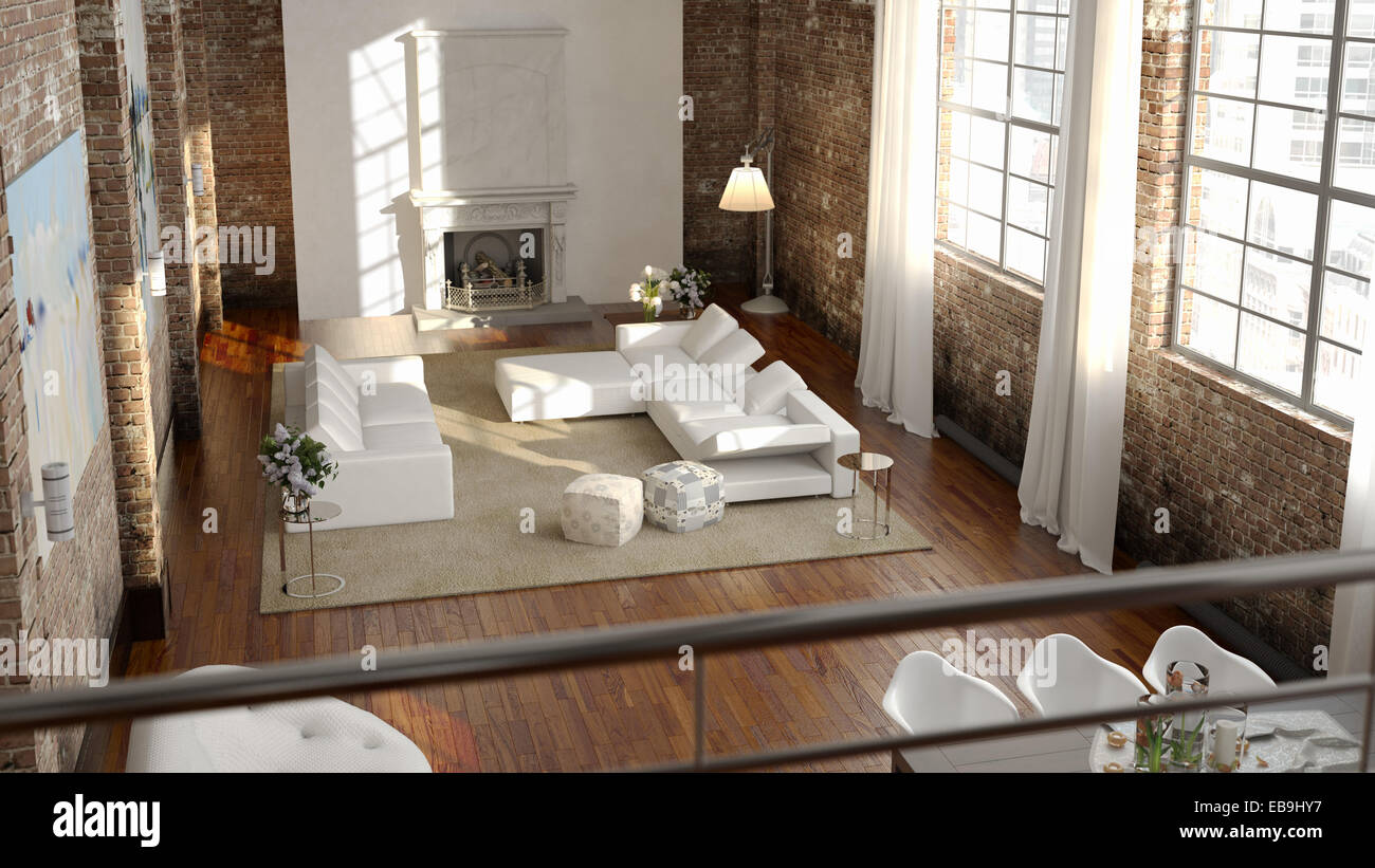 White loft living room hi-res stock photography and images - Alamy