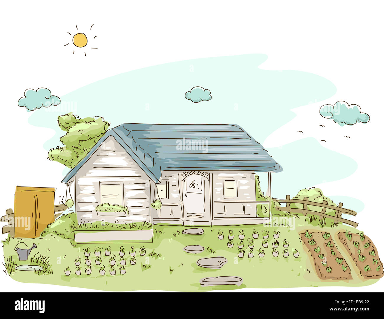 Illustration Featuring a House With a Vegetable Garden Stock Photo - Alamy