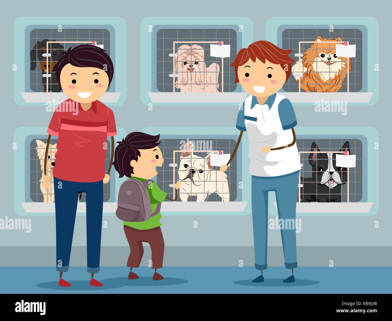 Illustration of a Family Visiting a Dog Shelter Stock Photo - Alamy