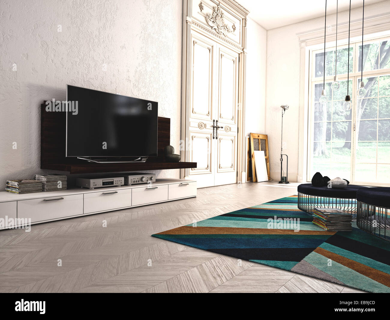 Modern living-room with TV and hifi equipment. 3d rendering Stock Photo ...