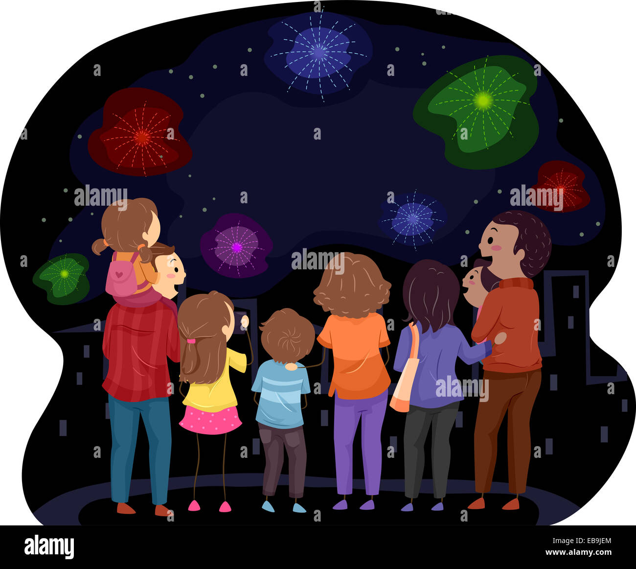 Illustration Featuring Families Watching a Fireworks Show Together ...