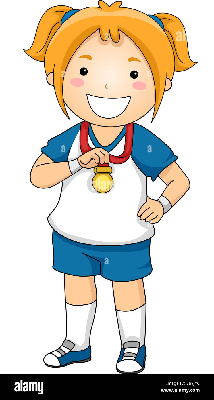 Illustration of a Little Girl Showing Her Sports Medal Stock Photo - Alamy