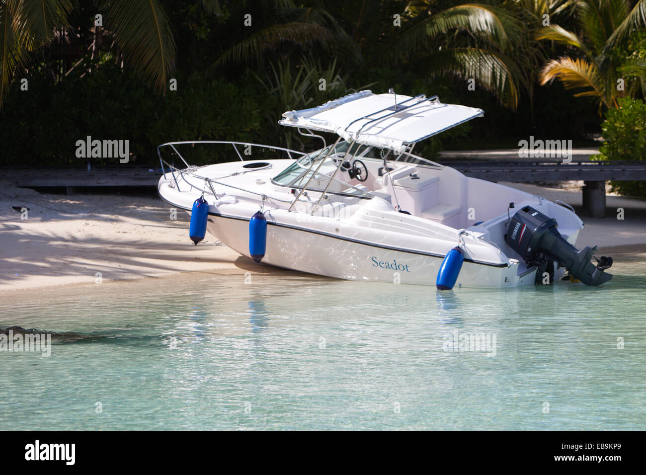 A speedboat beached on a tropical beach Stock Photo - Alamy