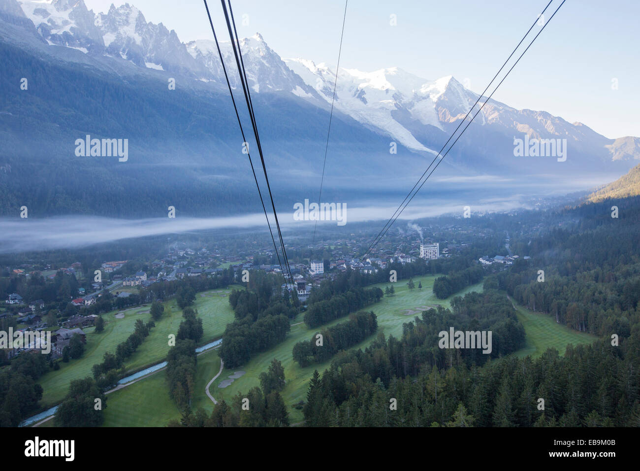 The Flegere cable car onto the Aiguille rouge from the Chamonix Valley ...