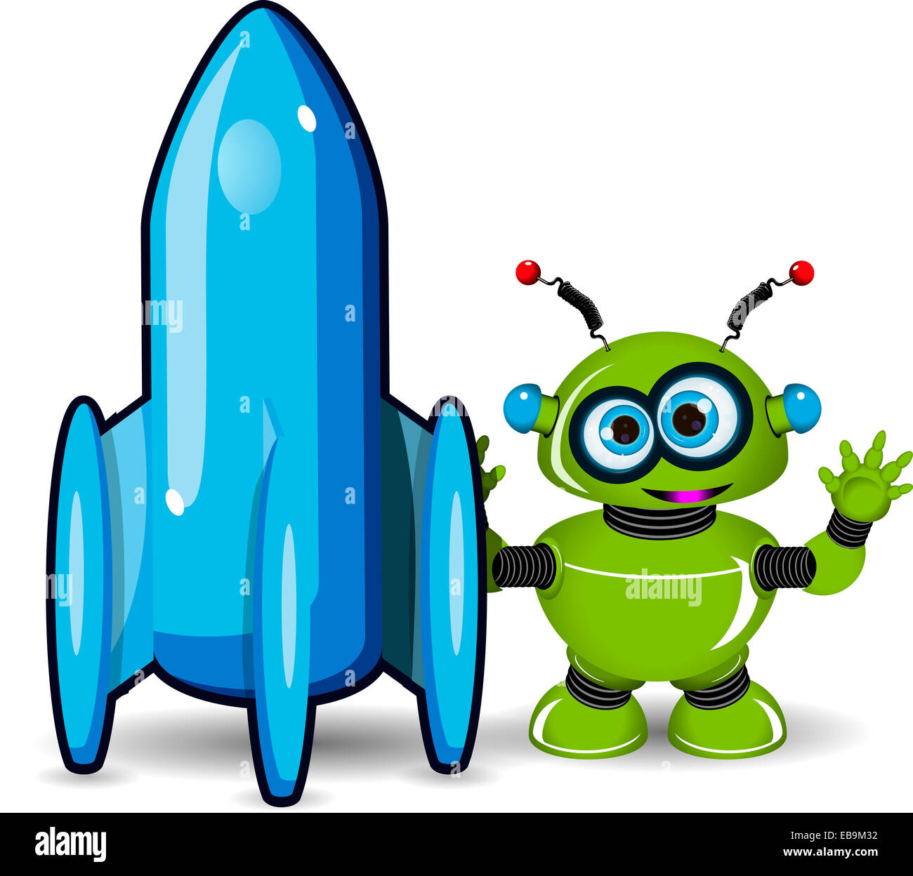 Illustration green robot and blue a rocket Stock Photo - Alamy