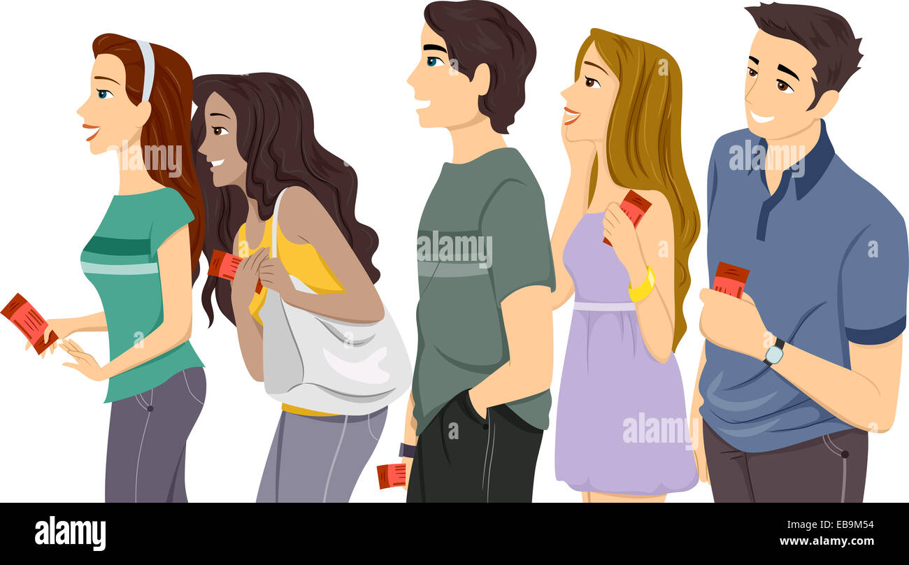 Illustration Featuring a Queue of Excited Teens Stock Photo - Alamy