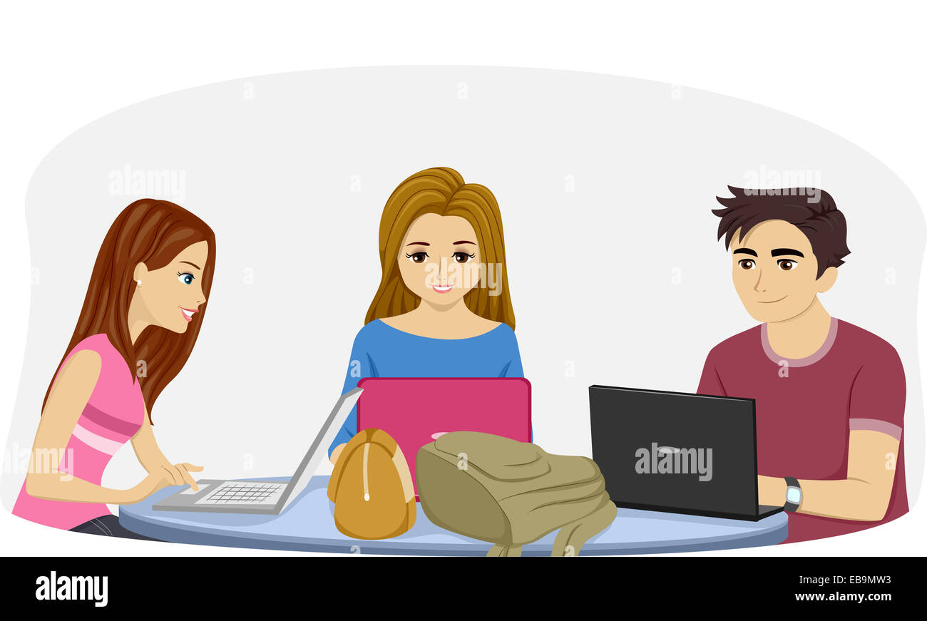 Illustration Featuring Teenage Students Using Their Laptops to Study ...