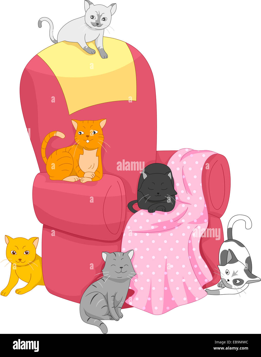 Illustration Featuring a Group of Cats Scattered Around an Empty Chair ...