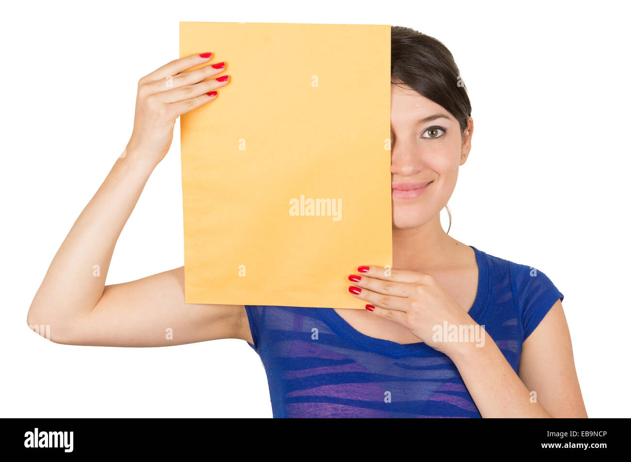 beautiful young woman holding yellow blank sign card Stock Photo - Alamy