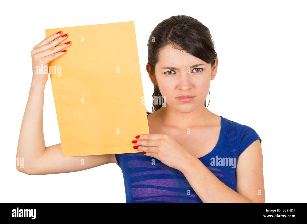 beautiful young woman holding yellow blank sign card Stock Photo - Alamy